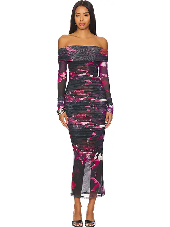 NICHOLAS Oaklyn Off-shoulder Shirred Midi Dress - Blur Floral Magenta
