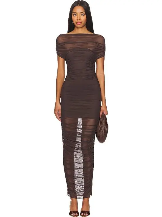 SEROYA Off Shoulder Mesh Midi Dress - Ash Brown