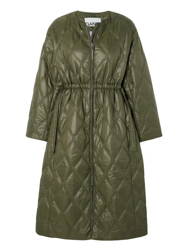 GANNI Quilted Glossed-shell Coat - Army Green
