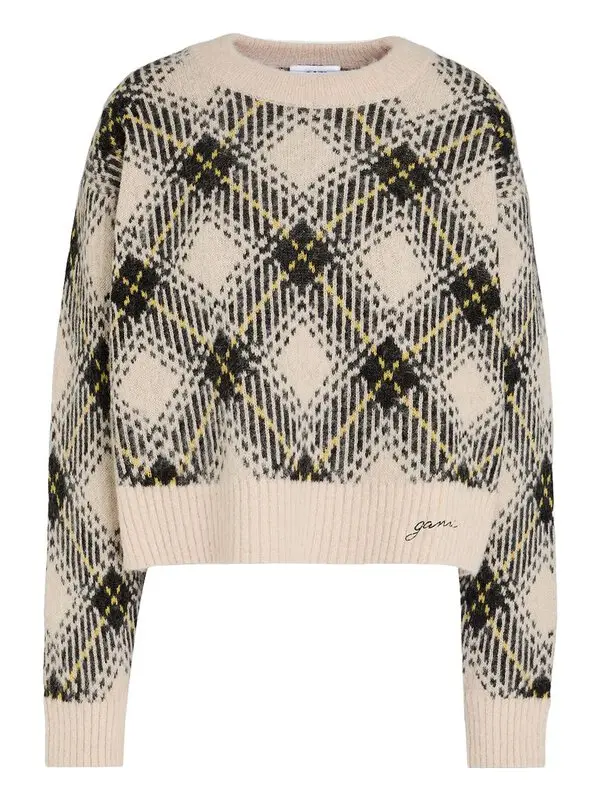 GANNI Argyle Jacquard-knit Sweater - Ecru