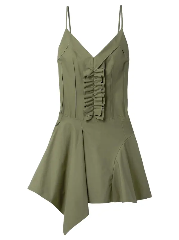 Commission Ruffled Paneled Cotton-poplin Mini Dress - Army Green
