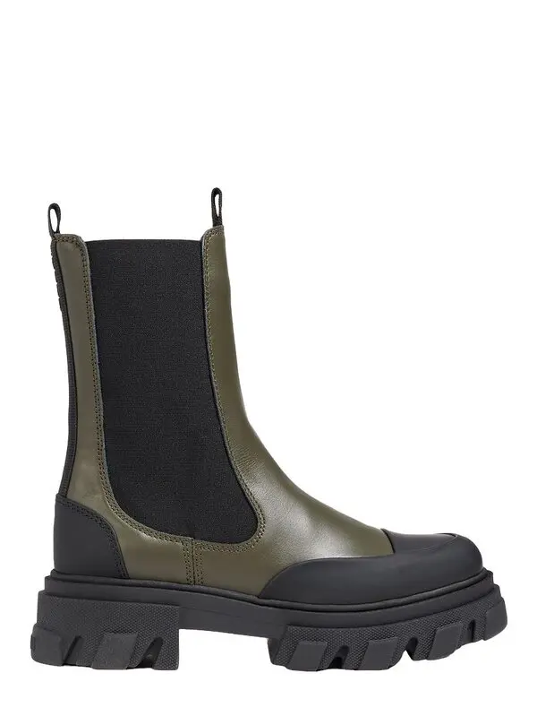 GANNI Leather Chelsea Boots - Army Green