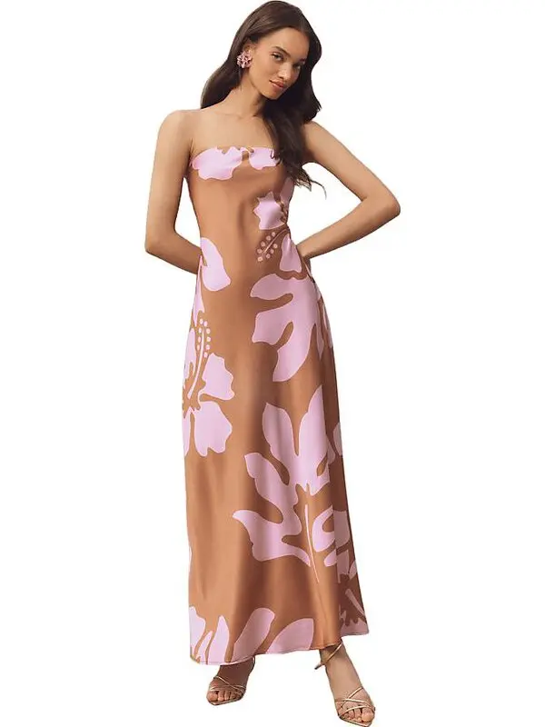 HUTCH Strapless Column Satin Maxi Dress - Brown Purple Print