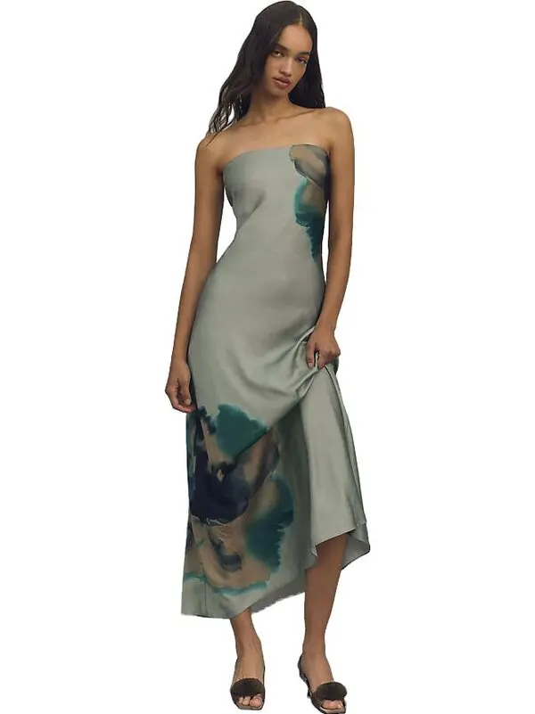 HUTCH Strapless Column Satin Maxi Dress - Green Pattern