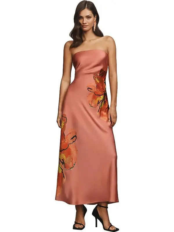 HUTCH Strapless Column Satin Maxi Dress - Orange Pattern