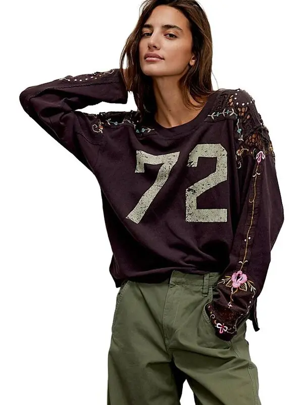 Free People Lilith Embroidered Tee - Chocolate