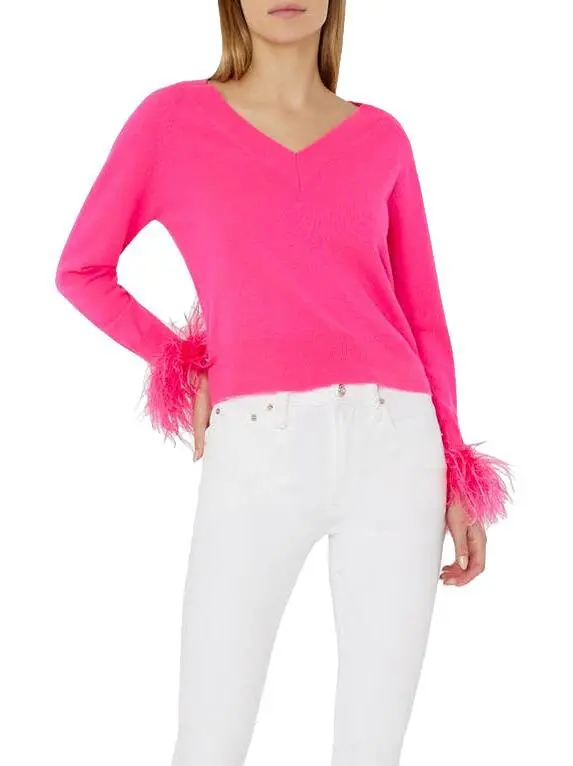 MILLY Feather Cuff V-neck Sweater - Milly Pink