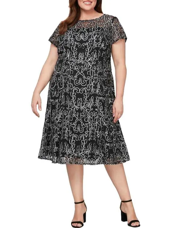 SL FASHIONS Sheer Yoke Soutache Fit-and-flare Dress - Black Ivory