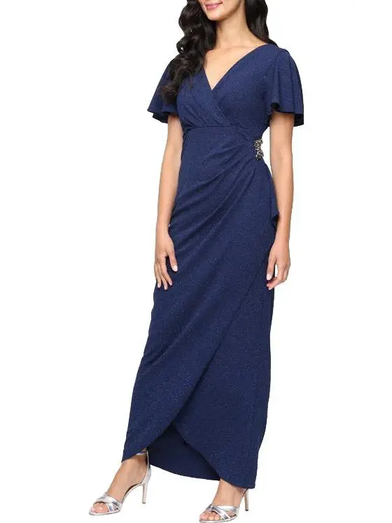 SL FASHIONS Glitter Flutter Sleeve Gown - Navy