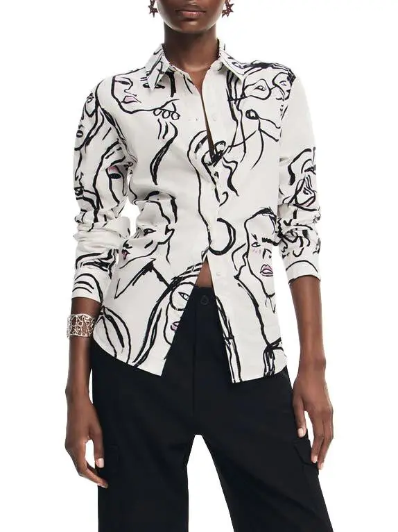 Desigual Faces Long Sleeve Button-up Shirt - White