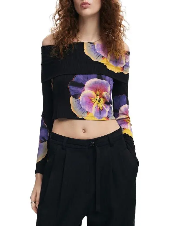 Desigual Pensee Lacroix Pansy Print Off-the-shoulder Top - Black