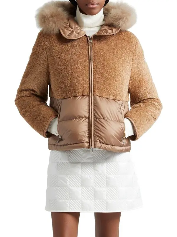 Moncler Marne Mixed Media Down Jacket With Genuine Goat Hair Trim - Beige