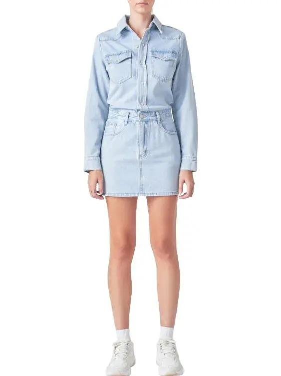 GREY LAB Long Sleeve Denim Mini Shirtdress - Blue