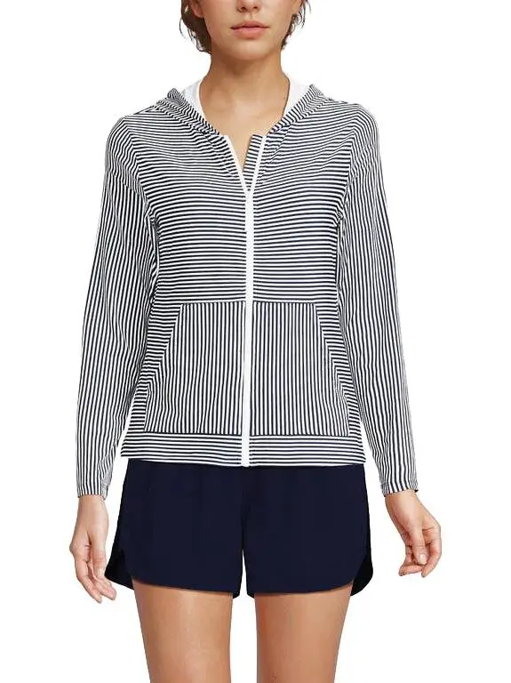 LANDS' END Upf 50 Hooded Zip Front Rash Guard - Deep Sea Navy Mini Stripe