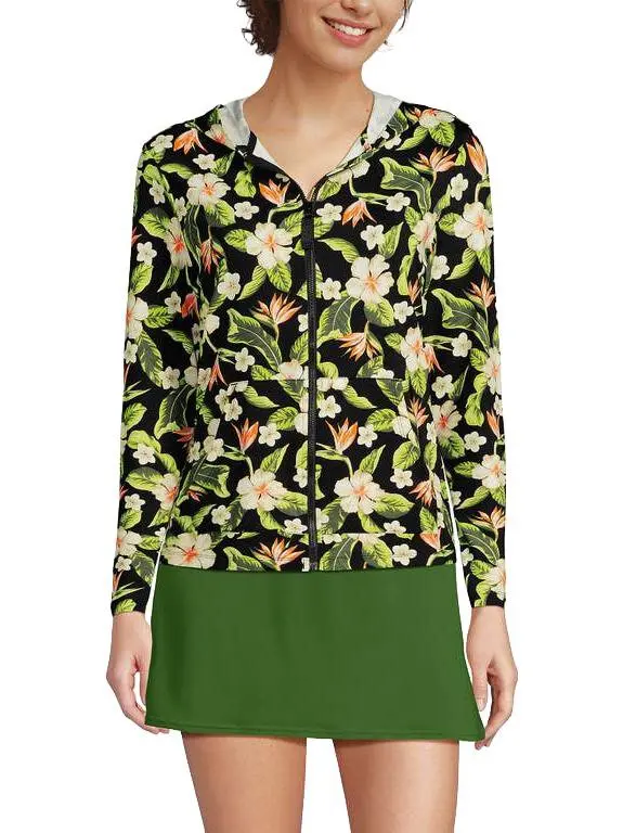 LANDS' END Upf 50 Hooded Zip Front Rash Guard - Hibiscus Floral/black