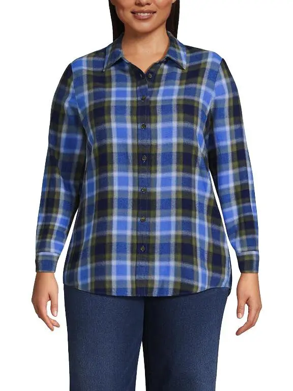 LANDS' END Flannel Boyfriend Fit Shirt - Blue Vintage Plaid