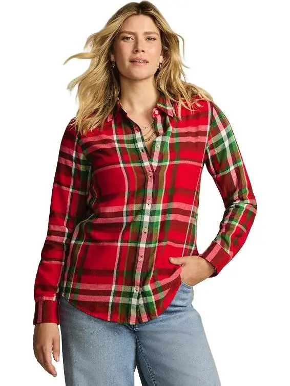 LANDS' END Flannel Boyfriend Fit Shirt - Compass Red/emerald Plaid