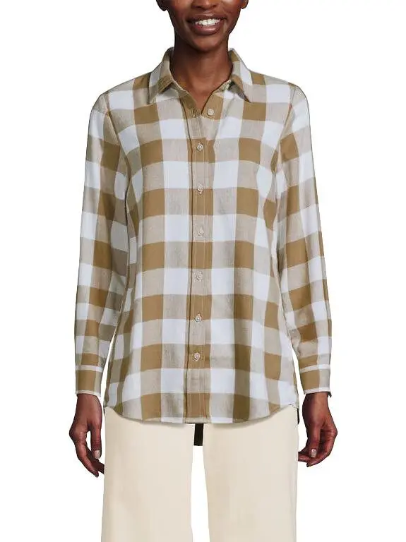 LANDS' END Flannel Boyfriend Fit Shirt - Rich Camel Buffalo Check