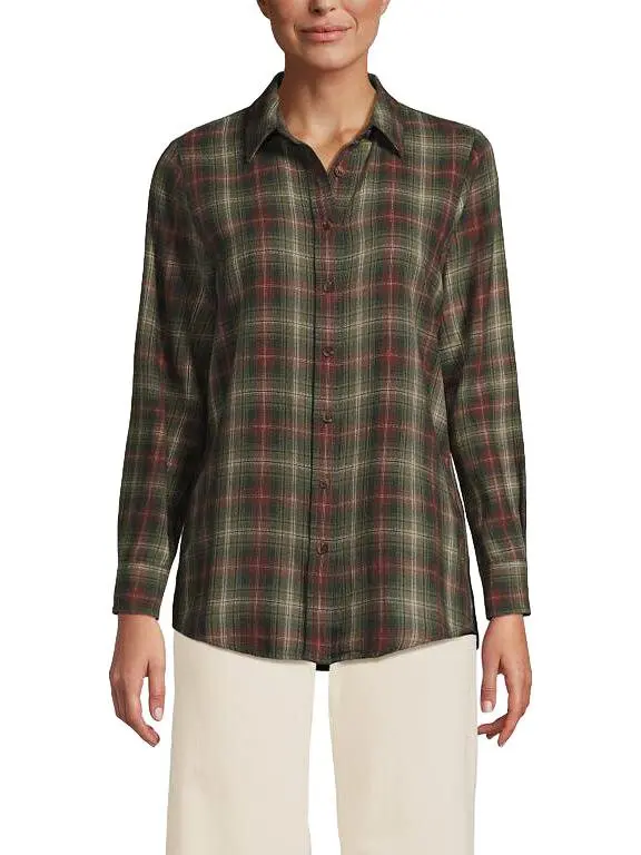 LANDS' END Flannel Boyfriend Fit Shirt - Rich Clover/navy Plaid