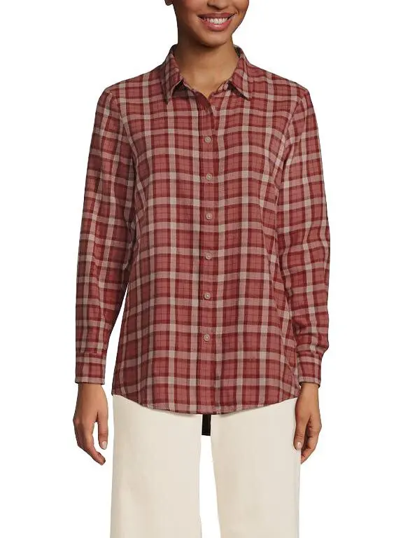 LANDS' END Flannel Boyfriend Fit Shirt - Sea Coral Small Plaid