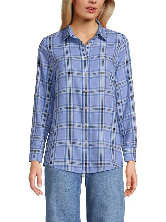 LANDS' END Flannel Boyfriend Fit Shirt - Sea Spray Blue Plaid