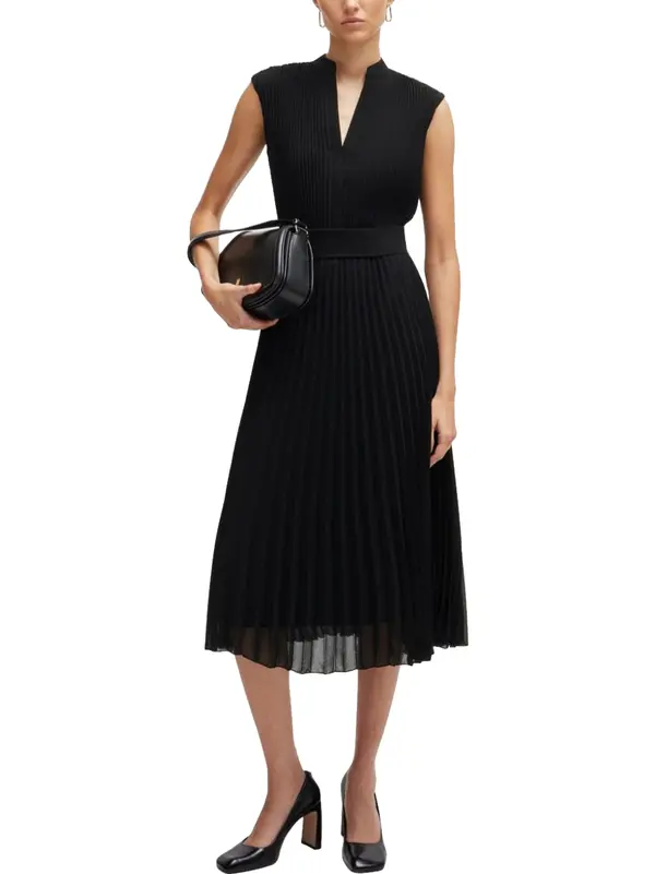 Hugo Boss Sleeveless V-neck Pleated Midi Dress - Black