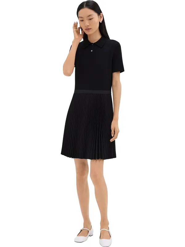 Theory Pleated Combo Polo Dress - Black