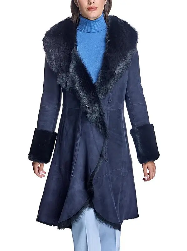MAXIMILIAN Hooded Shearling Coat - Navy/black