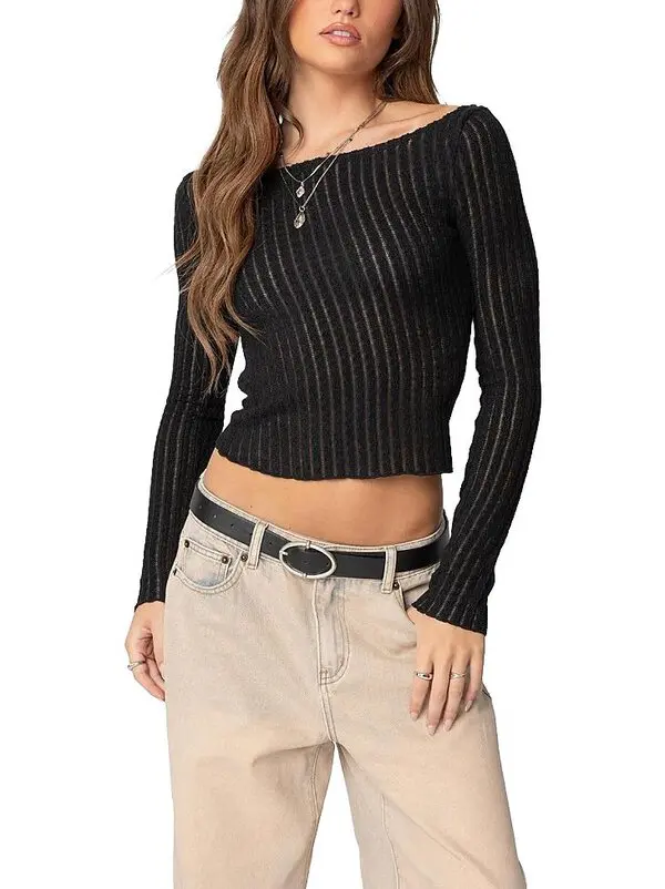 EDIKTED Textured Sheer Boat Neck Top - Black