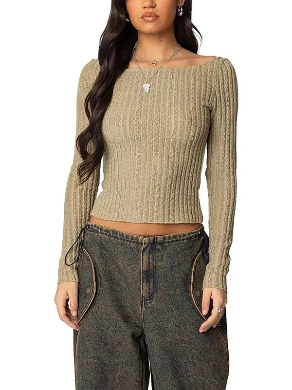 EDIKTED Textured Sheer Boat Neck Top - Olive