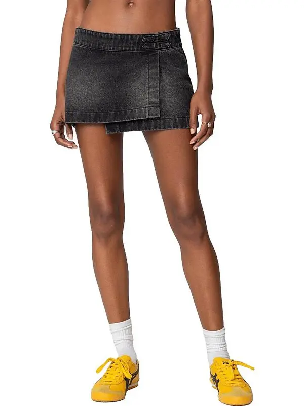 EDIKTED Asymmetric Denim Wrap Skort - Black