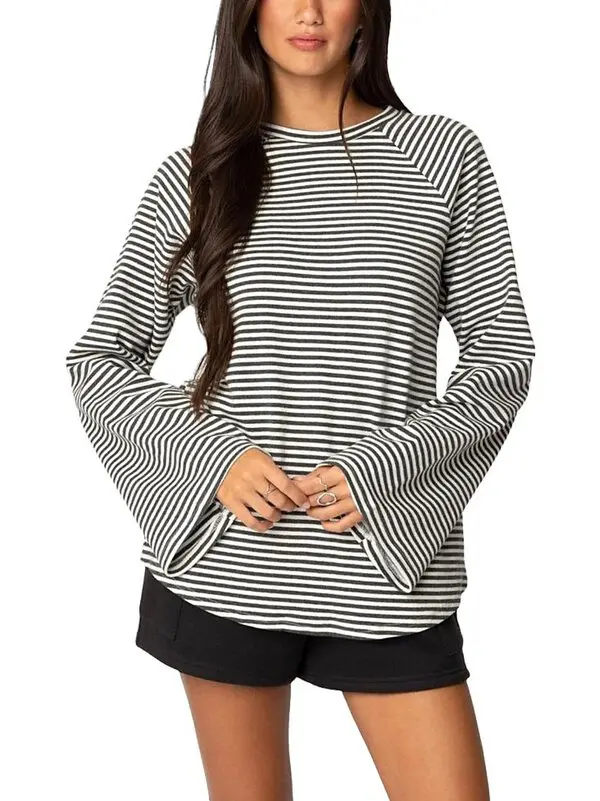 EDIKTED Stripey Oversized Bell Sleeve Top - Gray Melange