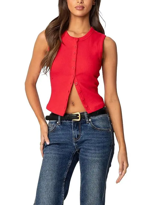 EDIKTED Basel Button Up Tank Top - Red