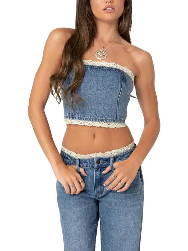 EDIKTED Karlie Lace Trim Denim Tube Top - Blue