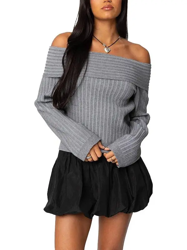 EDIKTED Brandy Fold Over Ribbed Sweater - Dark Gray