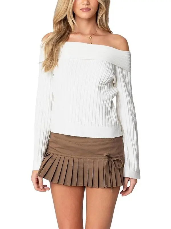 EDIKTED Brandy Fold Over Ribbed Sweater - White