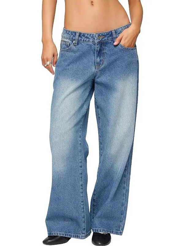 EDIKTED Magda Low Rise Baggy Jeans - Blue-vintage-washed