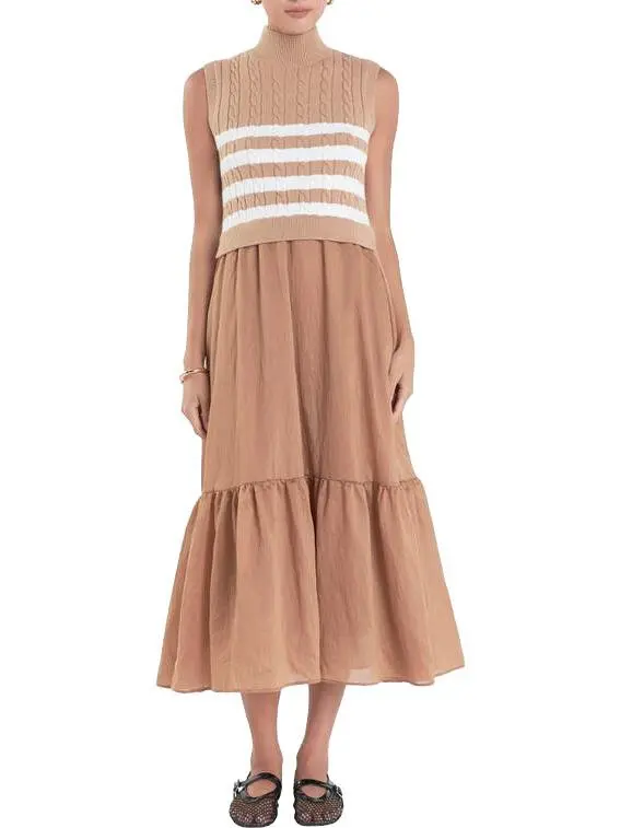 English Factory Mixed Media Tiered Midi Dress - Camel/ White