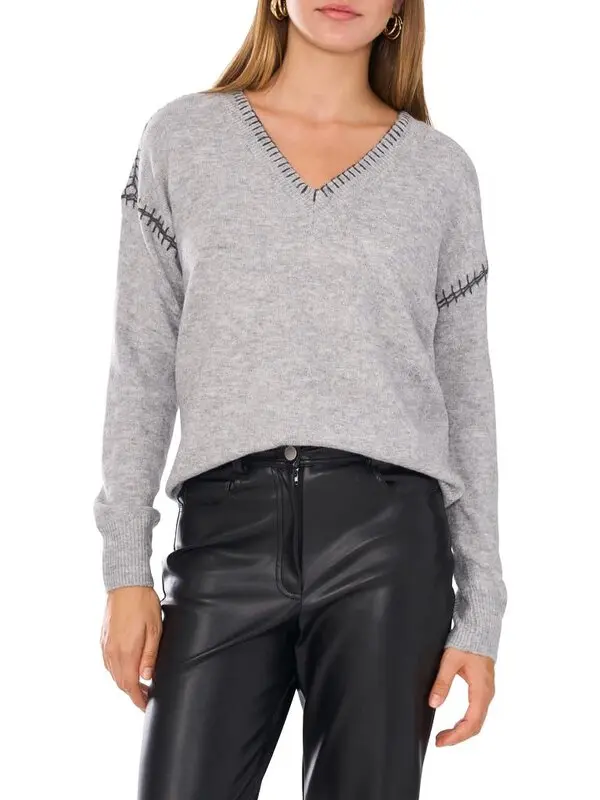Vince Camuto Whipstitch V-neck Sweater - Light Heather Grey