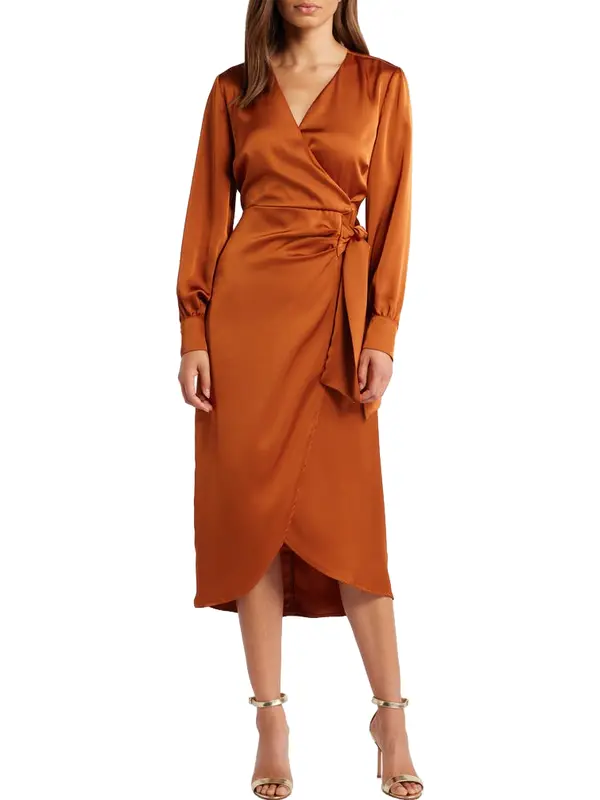Sam Edelman Satin Faux Wrap Midi Dress - Copper