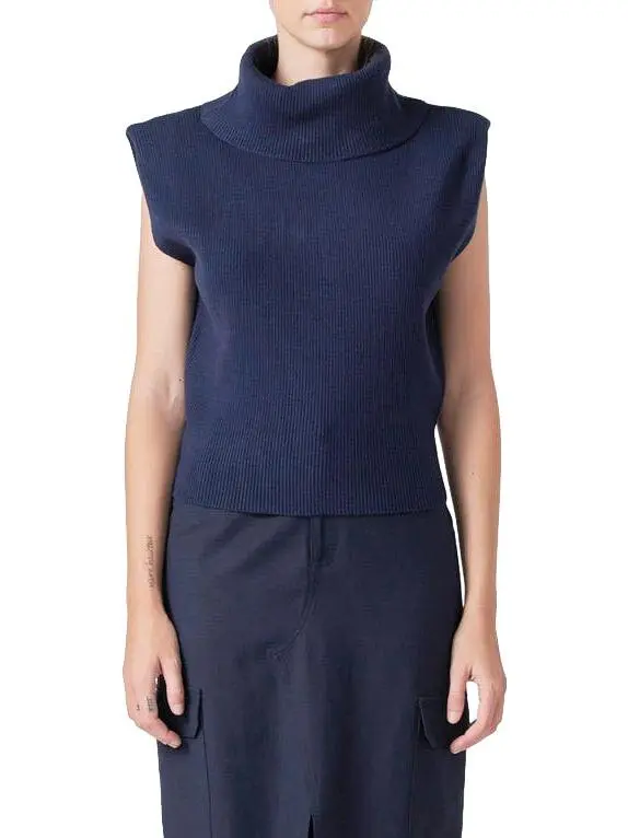 GREY LAB Sleeveless Ribbed Turtleneck Top - Navy