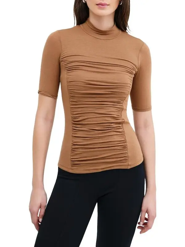 MARCELLA Logan Ruched Mock Neck Top - Chestnut Brown