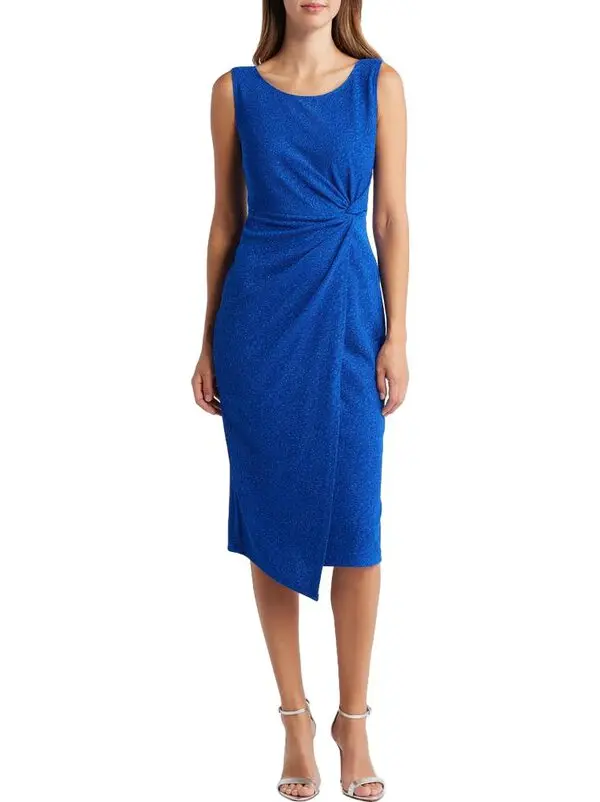 CONNECTED APPAREL Metallic Jacquard Faux Wrap Cocktail Dress - Deep Cobalt