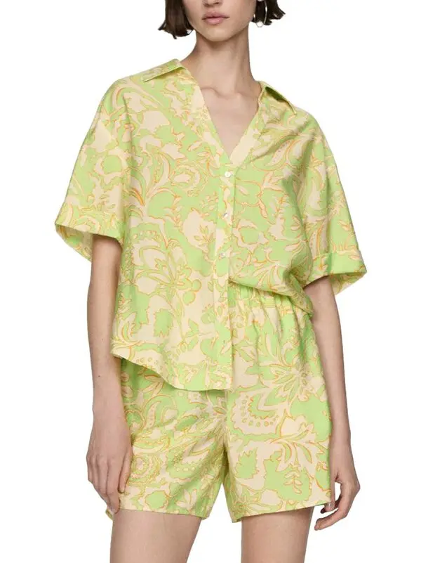 Mango Floral Print Button-up Shirt - Lime