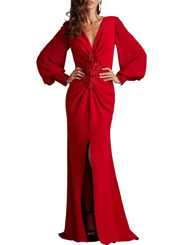Tadashi Shoji Floral Detail Long Sleeve Crepe Chiffon Gown - Cranberry