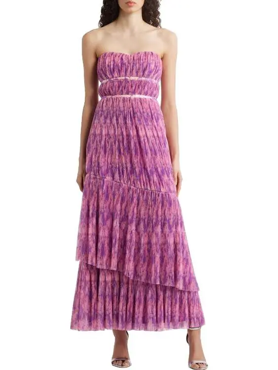 HUTCH Print Plissé Layered Ruffle Strapless Gown - Purple Floral
