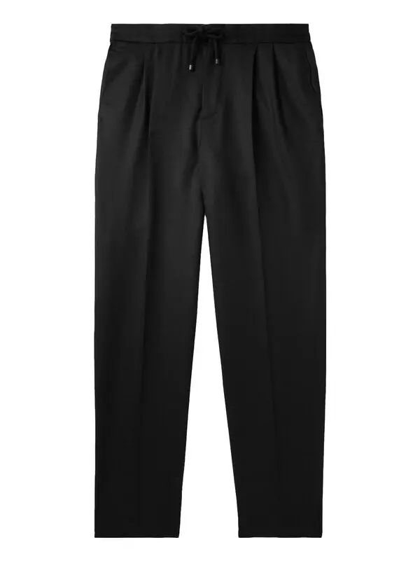 Brunello Cucinelli Tapered Pleated Virgin Wool-flannel Drawstring Trousers - Black