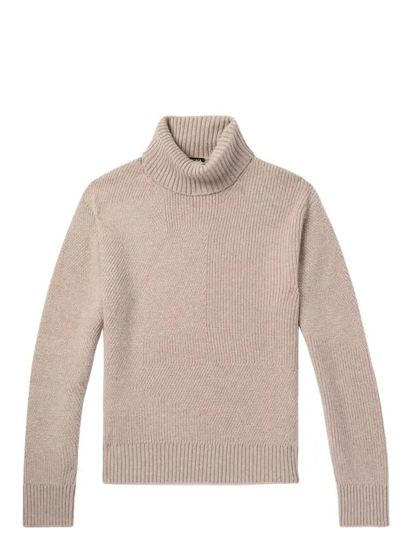 Zegna Leather-trimmed Ribbed Cashmere Rollneck Sweater - Neutrals