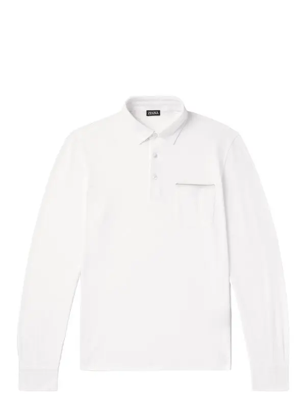 Zegna Slim-fit Suede-trimmed Cotton-piqué Polo Shirt - White