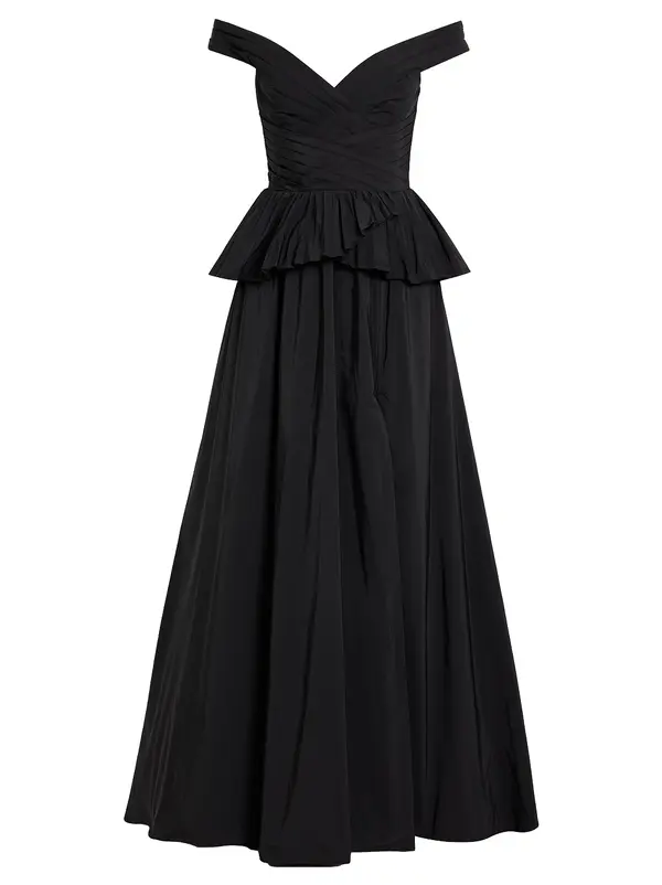 Marchesa Off-the-shoulder Pleated Ruffled Taffeta Gown - Black